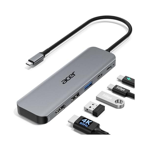 【5-in-1 USB C ハブ 拡張】Acer USB-C ハブは、1× HDMI 4K@60Hz、1× USB-C 3.0データポート、2× USB-Aデータポート（USB 3.0 &amp; USB 2.0）、1× PD100W急速充...