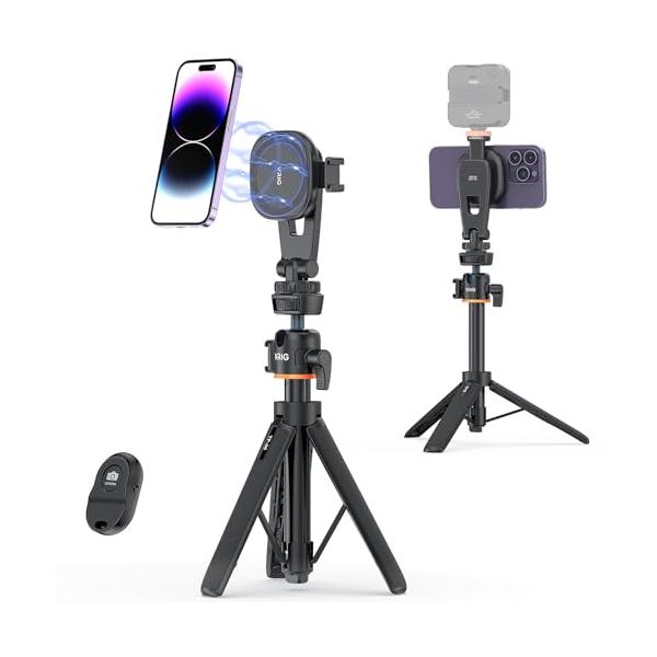 【2 in 1スマホホルダー 三脚】マグセーフに対応しているため、iphoneをクリップでで挟んだり、ネジで固定するの必要はなく、片手でわずか1秒で簡単に着脱が可能。最新のスマホホルダーは高性能の20N強力マグネットを使用し、安定で安心に使...