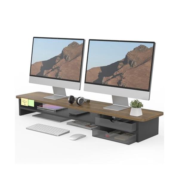 モダンブラウン&amp;黒/108cm/G04K210・Color:ブラウン&amp;黒・【便利な大容量収納・卓上をすっきりに】モニター台は2段引き出し式でモノを種類ごとに仕切りで収納できます。左(右)側は使いやすいオープン式でスマホやタブ...