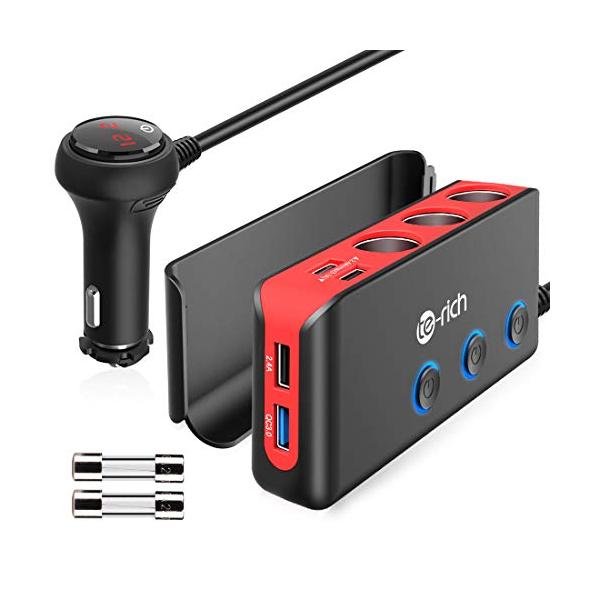 ・レッド  HC67A・・Color:レッド・急速充電可能なシガーソケット usb：車のシガーライターソケットに差し込むことでUSB充電器にすることができて、usb4ポートの中には2.4Aのが3つ、qc3.0のが1つあります。急速充電（青）...