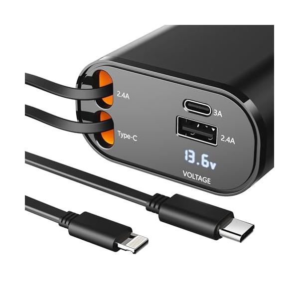 ・ブラック  PT-16・【4-in-1デザイン、便利な充電ソリューション】enGMOLPHY最新バージョンのマルチポート車載充電器 、シガーソケットに接続でき、2本の隠し式伸縮可能なUSBケーブルを搭載しています。さらに、USB Aポート...