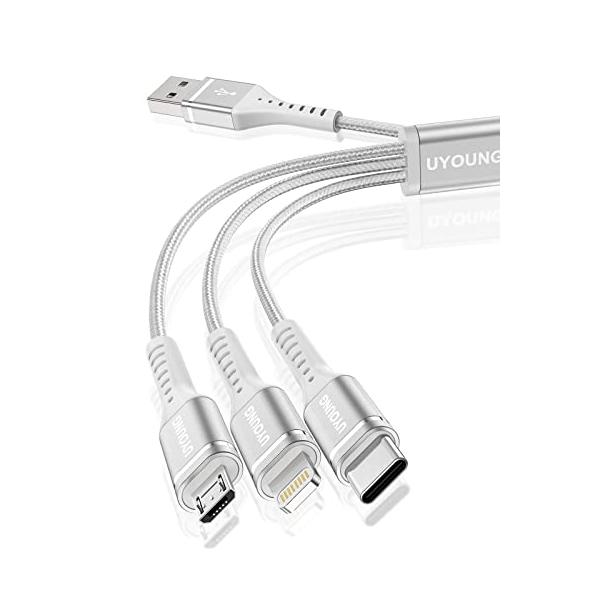 1本シルバー/1.2M/-・Size:1.2MStyle:1本Color:シルバー・【3in1 充電ケーブル】本製品は三合一充電線、マルチヘッド充電線です。３種類の端子(ライトニングiOS・Type-C・Micro USB)を搭載しており、...