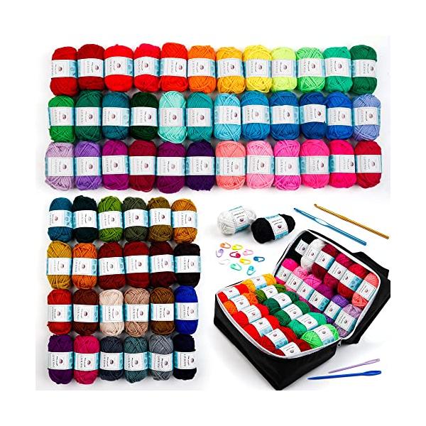 ・ブラック  AYS62・【セット内容】毛糸×62色（素材：100% アクリル、長さ・重量：1玉あたり約32ｍ・17g、線径：2mm）、カギ針×2（6mm、6.5mm）、とじ針×2、段数マーカー×10、収納ケース×1の手編み糸セットです。・...