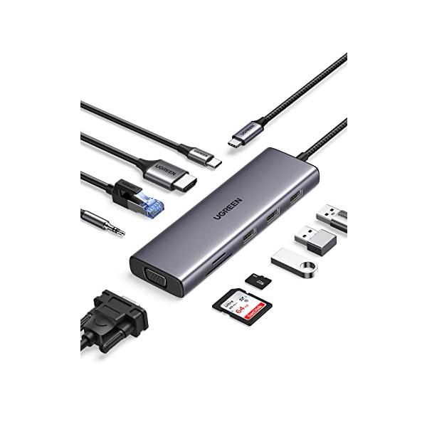 ・  15601・【10-in-1多機能なUSB Cハブ】USB-A 3.0*3コネクタを搭載で、 4K 30Hz対応HDMIポート×1、SDカードスロット×1、VGAポート×1、micro SDカードスロット×1、100W PD充電ポート...