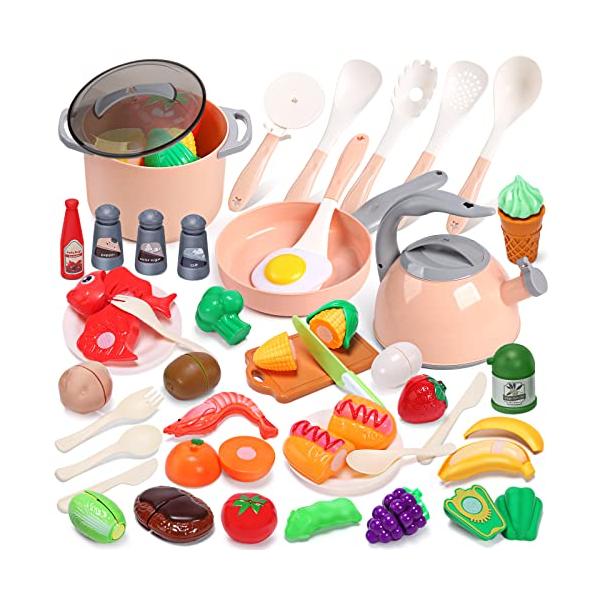 design・ピンク  cooker-1・・Color:ピンク・【超豪華な44点セット】このセットには野菜、果物、魚、エビ、洋食、調味料、キッチン用具など44点があります。お子様がお料理をしているように、リアルなデザインで作られています。・...