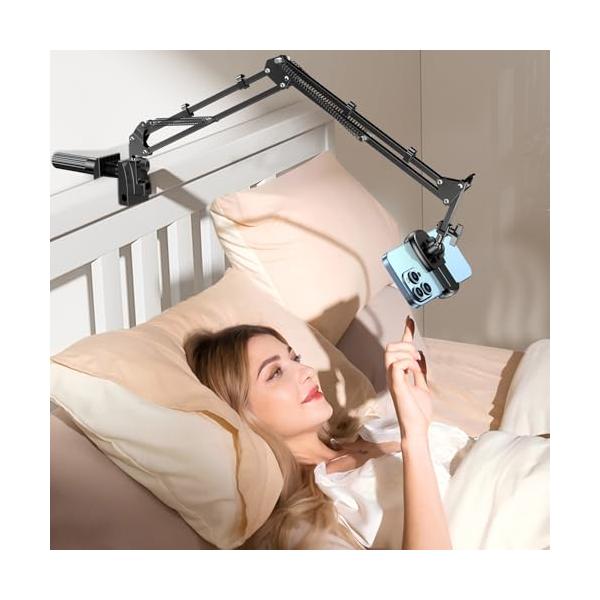 ブラック/-/タブレットスタンド・Color:ブラック・【土台革命！5穴初誕生・ベッドの左右にも！より大きく土台】 ?「多方向土台！丸い設置面も」この5穴スマホアームスタンドはリードする最新世代のアップグレードで、土台の前、上、下、右、左に...