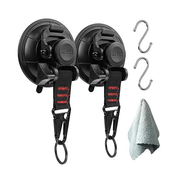 ・直径9cm-固定フック-2個入り  JP-XP-9B・【直径9cm、固定フック、 強力真空吸盤フックセット】セット内容：吸盤フック2個、S字フック2個、タオル1枚。使用前に付属のタオルでガラスを拭くことができます。車のサイドテントやサンシ...