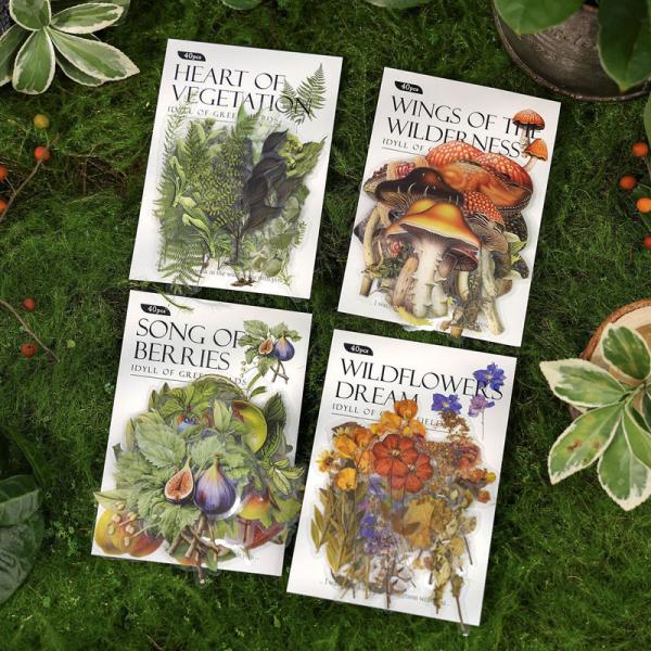 品番｜ST426種類｜シール数量｜40枚入（20種類, 各2枚）材質｜PET素材特徴｜フルーツや植物、キノコ、押し花のPETシール