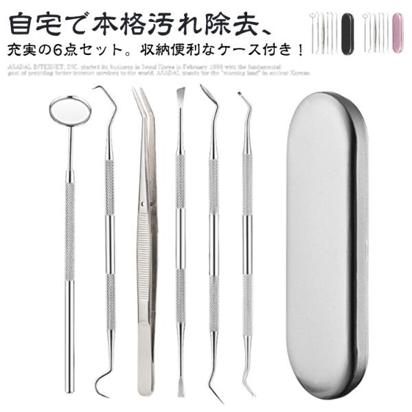 6点セット（歯用ミラー、鎌形ツールｘ3、鍬型ツール、ピンセット）   サイズ：175*60mm