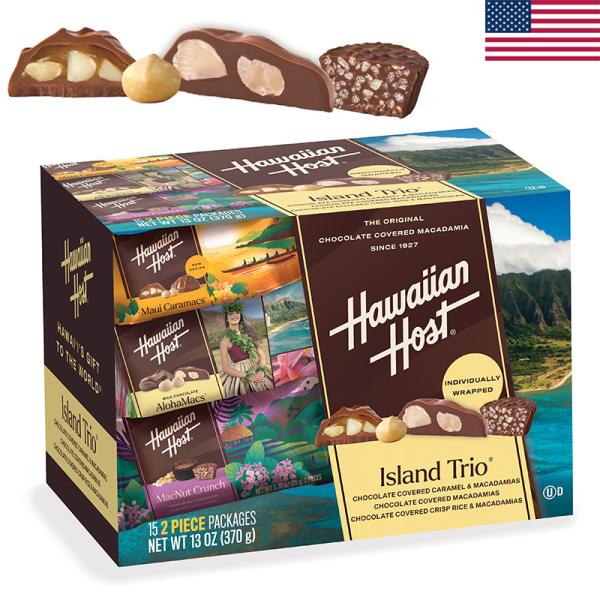 Hawaiian Host ハワイアンホーストアイランドトリオ 1箱あたり3種×5粒入り370gマカダミアナッツチョコレートアソート 個包装 スタンドバッグ 海外 輸入菓子 夏季クール三種類のマカダミアナッツチョコのアソート15袋入りで個別...