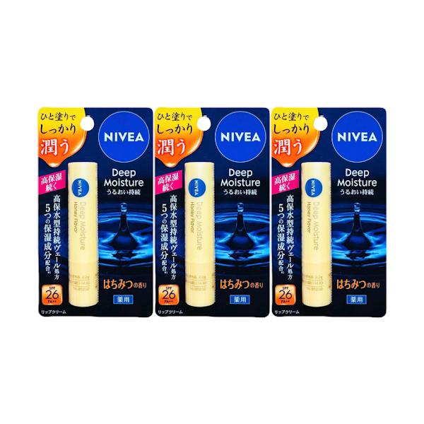 ニベア ディープモイスチャーリップ はちみつの香り 2.2g  花王　SPF20　PA++「保水持続ヴェール＊」が唇に広がり、ひと塗りでしっかり潤う高保湿リップクリーム。●3つの保湿成分（アミノ酸系保水成分・はちみつ・ローヤルゼリーエキス）...