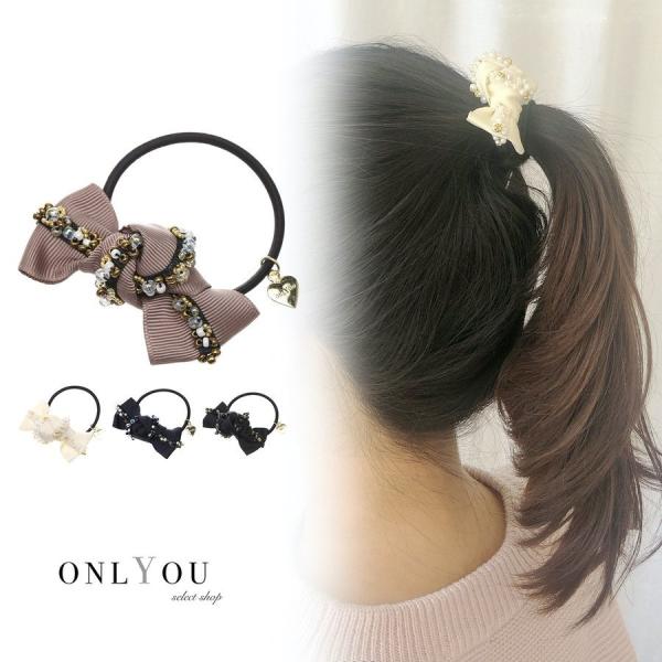 素材：ポリエステル・アクリル樹脂モチーフサイズ：縦約3cm×横約7cmリボンビーズヘアゴム ヘアゴム ポニー モチーフ ビーズ かわいい リボン ヘアアクセサリー おしゃれ onlyou オンリーユー送料無料 おしゃれ 子供 韓国 モチーフ...