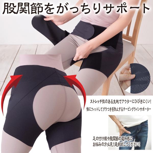 ・脚の付け根や股関節の違和感に・テーピング加工で股関節をしっかり固定。体にフィット！太ももから腰へ伸びるテーピングラインが骨盤と股関節の外側をしっかり支えるのでスムーズで安定感のある歩行を促します。・面テープで着脱簡単！■材質 本体　ナイロ...