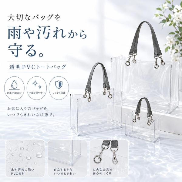 商品説明文  大切なバッグをホコリ・汚れ・雨や水濡れからしっかり守る、透明PVC素材のクリアバッグカバー。 お気に入りのバッグを見せながら保護できる、実用性とデザイン性を兼ね備えたアイテムです。  透明度の高いクリア素材を採用しているため、...