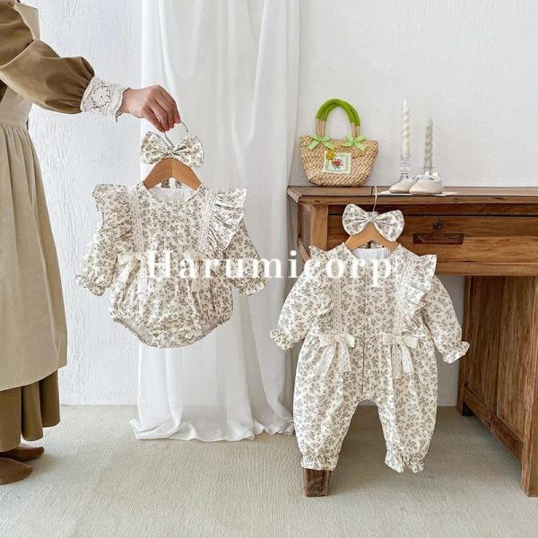 ロンパース 総柄 蝶結び ベビー服 姉妹コーデ 長袖 ドレス 蝶結び 女の子 ベビー キッズ 秋服 春 秋 子ども 子供 新生児 赤ちゃん ジュニア 姉妹 お揃い おしゃれ かわいい 出産祝い 韓国ベビー服 綿 コットン 66cm 73cm...