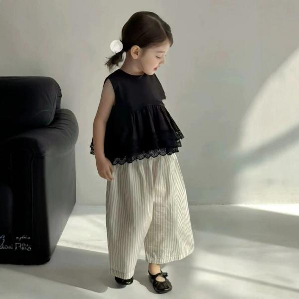 セットアップ キッズ 韓国子供服 女の子 春 夏 ベビー服 上下セット レース シャツ ガウチョパンツ ストライプ 子供服 トップス ボトムス ロングパンツ ジュニア 赤ちゃん おしゃれ 可愛い 入学 入園 幼稚園 小学生 お出かけ 90 ...