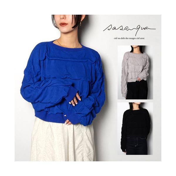 どの角度から見ても可愛いシャーリングショートニットが登場！計算されたショート丈バランスがどんなボトムとも絶妙にマッチしてくれます。落ち感のあるニット素材なので、程よいボリューム感と柔らかい肌触りでストレスフリーな着心地。-SASANQUA(...