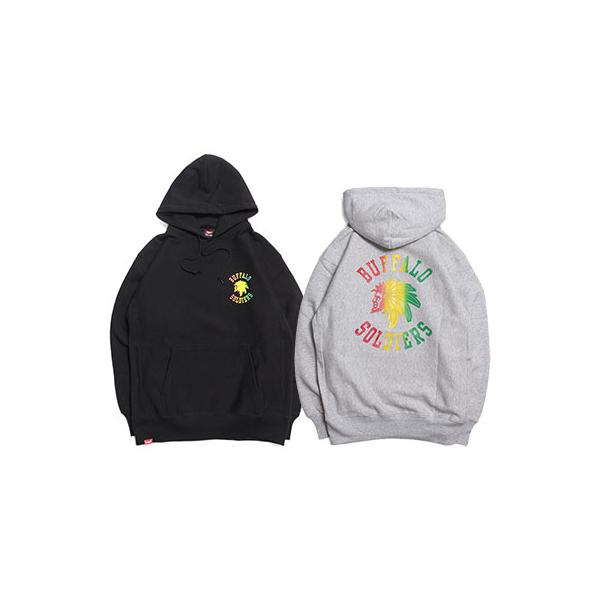 MURAL定番ロゴ"BAFFALO SOLDIERS"にラスタカラーグラデーションを落とし込み、フロントにプリントしたHOODIE!!!-MURAL(ミューラル)-ブランド名『MURAL』(ミューラル)とは英語で壁画の意。REGGAEをはじ...