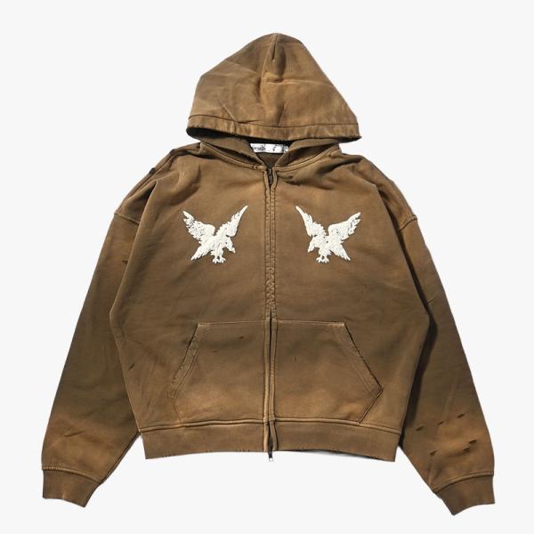 [26HG-SS06]裏毛素材のスウェットを使用したZIPパーカーに、製品加工とダメージ加工を施した一着。全体にフェード感とヤレ感を与えることでヴィンテージウェアを着込んだような表情に仕上げています。フロントと背面には、スカジャンの刺繍モチ...