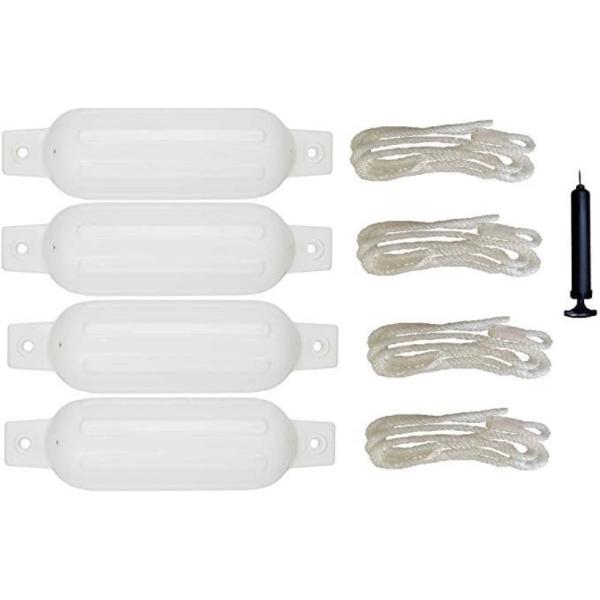 【カラー】　ホワイトインフレータブル【サイズ】216mmX686mm/フェンダー1個あたり【用途】　釣り ボート【状態】新品【仕様】商品の説明 セット内容 : フェンダ4個、専用アイ加工ロープ4本、+手動ポンプ1個 ●ボートフェンダー : ...