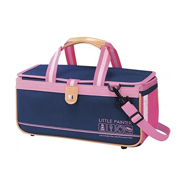 シンプルで落ち着いたデザインの絵の具セット 小学校の図工の時間に使うピンクの画材セットです。汚れが目立たないネイビーカラーを基調とした高学年になっても違和感なく持てる絵の具セット。バッグ裏面は無地です。通常の画材セットよりも小さくコンパクト...