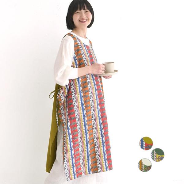 さっと重ねるだけで個性的なレイヤーコーデを作れるエプロンチュニック チュニック ロング丈 エプロンワンピース エプロン インド綿 綿 コットン 100% 前後着 2WAY ウエスト紐 パネル柄 総柄 ゆったり ギフト 母の日 F M-L マ...
