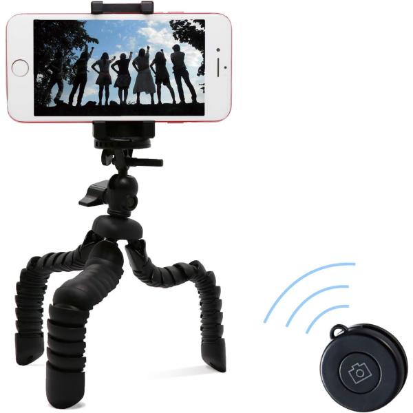 変形自在で設置場所を選ばない、フレキシブルタイプでワイヤレスリモコンボタン付のスマートフォン用三脚です。同梱商品:三脚、スマートフォンホルダー、リモコン、電池(テスト用)、取扱説明書(保証書付き)脚部が自由に変形するので、立てる、巻く、挟む...