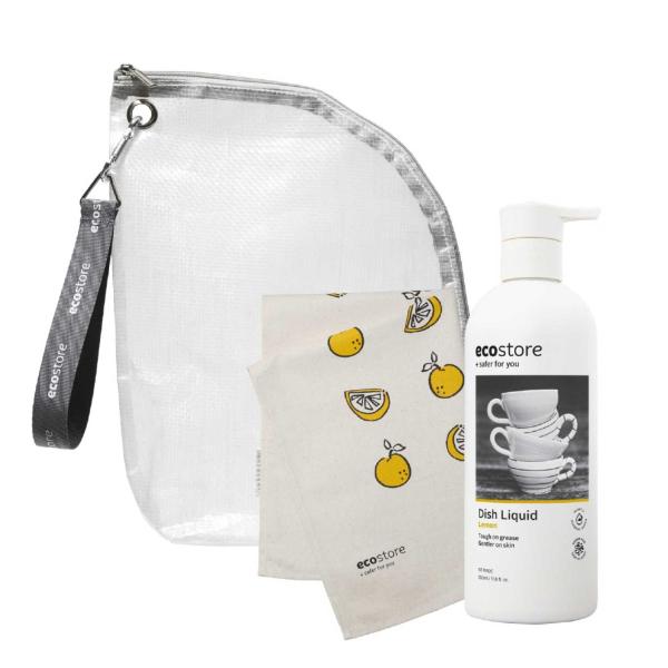 ポンプタイプの食器用洗剤とテーブル&amp;キッチンクロスがオリジナルポーチに入った数量限定セット。ディッシュウォッシュポンプ&amp;クロスセット(グレープフルーツ)