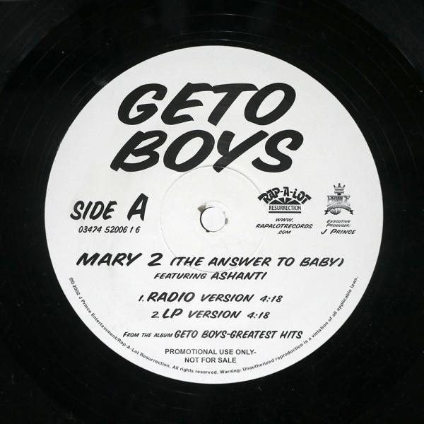 アーティスト：GETO BOYSタイトル：MARY 2 (THE ANSWER TO BABY)レーベル：RAP-A-LOT 034745200616ジャケット：E-盤：E-,DJ帯：NONEFMT：12枚数：1JAN：コメント：US盤レビュー：