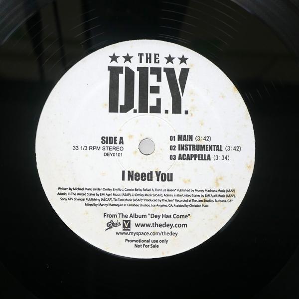 アーティスト：DEYタイトル：I NEED YOU / AND I MISS YOUレーベル：NOT ON LABEL DEY0101ジャケット：NONE盤：E-,W帯：NONEFMT：12枚数：1JAN：コメント：国内盤レビュー：