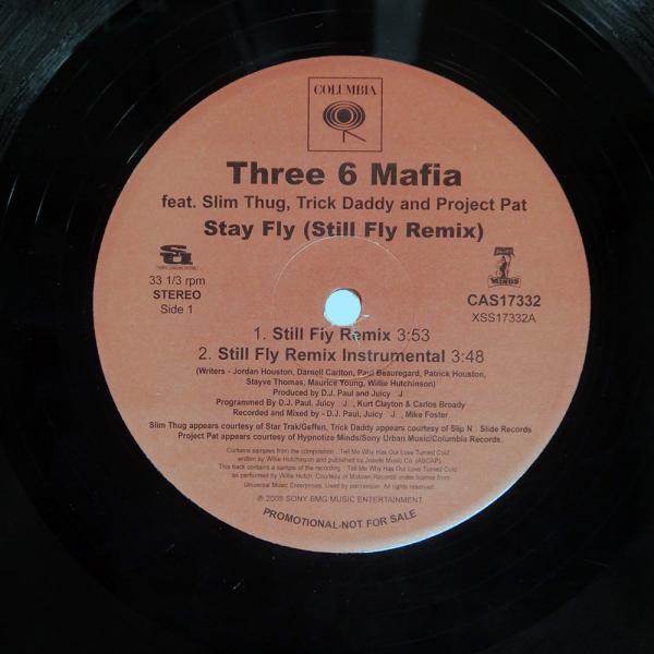 アーティスト：THREE 6 MAFIAタイトル：STAY FLY (STILL FLY REMIX)レーベル：COLUMBIA CAS17332ジャケット：NONE盤：VG+帯：NONEFMT：12枚数：1JAN：コメント：US盤レビュー：