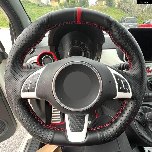 FIAT 500 500C 2013-2015 500 500C 595 595C 2009-2016 ステアリングホイール カバー ブラックレザー レッドライン レッドストリップ カスタム パーツ アクセサリーHigh-concerned...