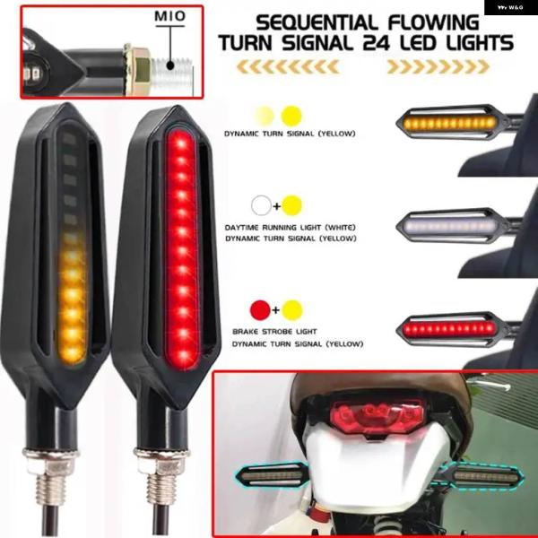 オートバイ 24LED 10MM ハイ アンバー ウィンカー インジケーター ライト フロントリア ホワイト デイ ランニングライト 流れるレッドブレーキランプ カスタム パーツ アクセサリーBattery Included:NoHigh-...