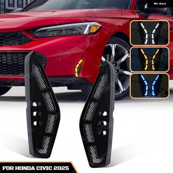 2個 DRL ホンダ シビック 2025 デイタイム ランニングライト LED ウィンカーランプ フロント バンパー ヘッドライト ホワイト イエロー ブルー デイライト カスタム パーツ アクセサリーHign-concerned Chem...