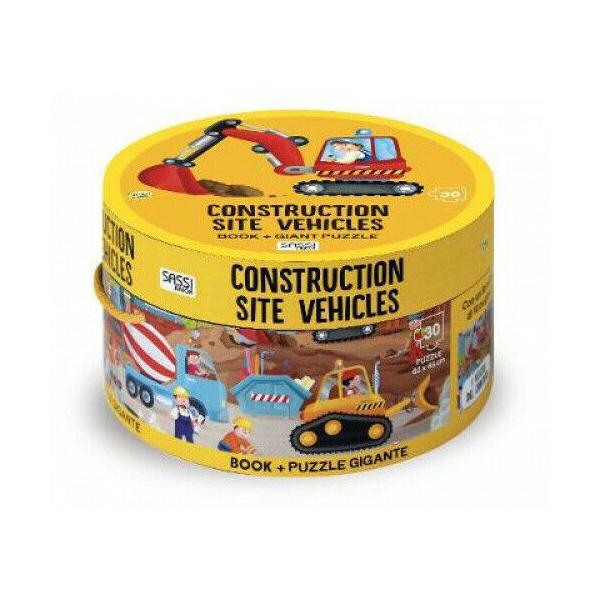 30ピースのパズルを組み立てることで62×45cmの楽しい工事現場ができ上ります。建設現場の車両絵本付。対象年齢は3歳からです。