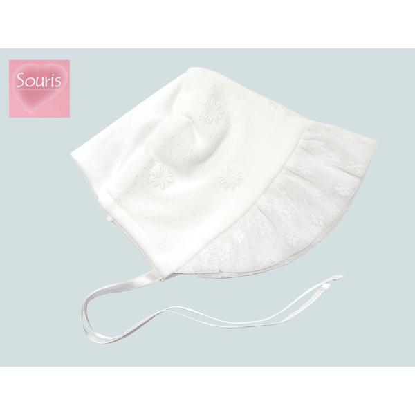 赤ちゃんの大切な記念日に★産院からの退院時、お七夜や命名式、お宮参り、生後100日前後に行う百日祝い(お食い初め)など様々なシーンでお使いいただけます。安心安全の日本製！上品なデザインの新生児セレモニーキャップです。ふんわりやさしくベビーの...