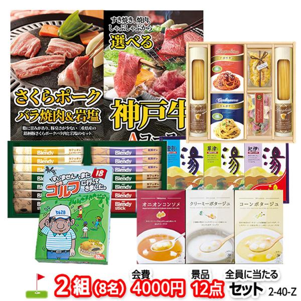 エンタメゴルフの2組8名、会費一人あたり4,000円のゴルフコンペ景品セット。商品は順位の商品が4個と参加賞4個、ドラコン賞2個、ニアピン賞2個の合計12点で、参加者全員が何かもらえるセットです。商品の入れ替えもOKです。■セット内容【優勝...