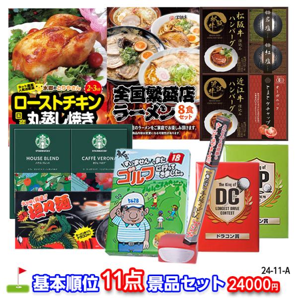 ゴルフコンペの基本的な順位、ドラコン賞、ニアピン賞、ベスグロ賞などの11点をセットにした景品セット。このセットに人数に応じて飛び賞や参加賞などの商品を追加で注文をして頂くと、賞品選びが簡単になります。■セット内容【優勝】 パネル付き目録水郷...