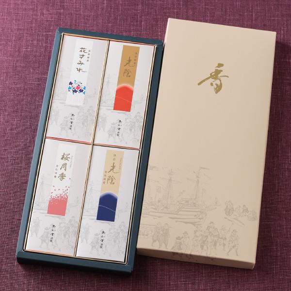 《内容》4種詰め合わせ　化粧紙箱《セット内容》桜月季・清涼光陰・花すみれ・光陰《商品説明》玉初堂の実用詰め合わせが、新しく『香セレクト』として生まれ変わりました。煙の少ないお線香や白檀・沈香などの香木をふんだんに使用した高級線香まで品目を拡...