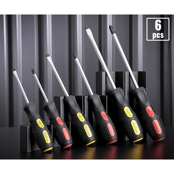 滑り止め加工を施した、コーケンの樹脂柄ドライバー6本セットです。オイルのついた手で使用しても滑りにくく、使いやすいドライバーです。六角軸タイプなので、力を加えたい箇所には、スパナ等をかけて使用することも可能です。■型式：166PS/6■メー...