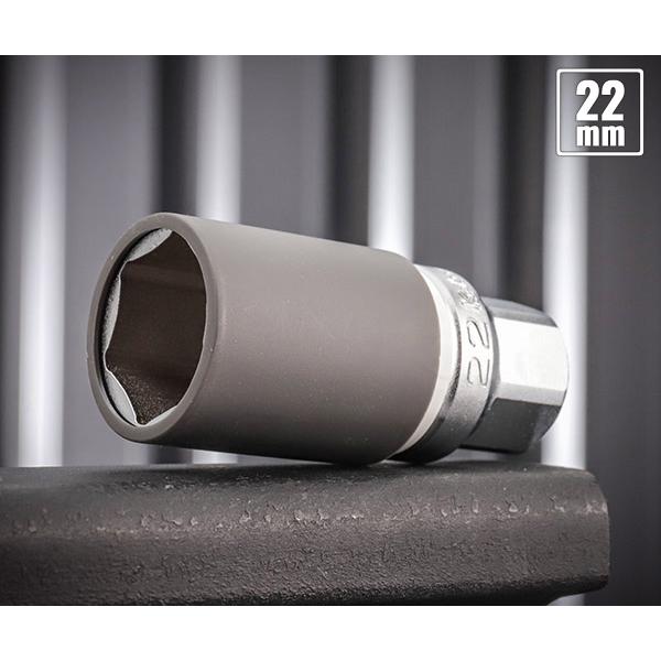 Z-EALフリーターンクロスレンチ(4711XZ)にマッチしたホイールナットソケット！  ナット穴の狭いホイールに対応するよう、薄肉に設計されています。  ホイールナットソケットでは定番となったホイールへの接触ダメージを軽減する樹脂製ホイー...