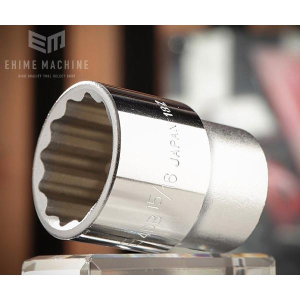 スタンダードタイプの対辺12角形状です。差し込み後、トルクをかけてもナメにくくなっています。【仕様】差込角(mm)：12.7対辺寸法(インチ)：15/16全長(mm)：41対辺形状：12角インチサイズ質量：130g材質／仕上：構造用鋼メーカ...