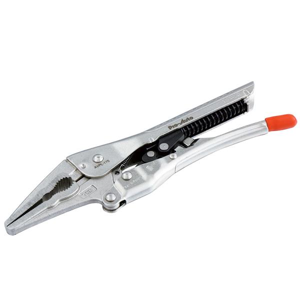 開いて握るだけの簡単操作！ 「Pro-Auto オートマチックバイスプライヤー ロングノーズ175mm（AVPL-175）」  ●薄物から厚物まで握りこむだけで自動で調整・ロックが行えます。  ●従来品のように、つかむ前にあらかじめ対象物の...