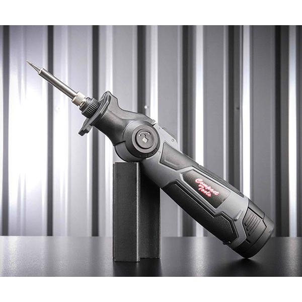 約30秒と短い加熱時間で使用可能な、12Vコードレスはんだごてです。  短時間で最高温度400℃に達し、満充電で約1時間の連続使用が可能。 はんだ融解温度が一目で分かる、温度インジケーター付き。  LED搭載なので暗い環境や細かい部分のはん...