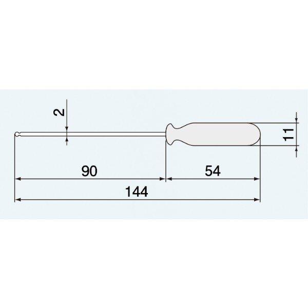 軸はクロムモリブデン鋼です。用途：組み立て保守作業等に最適です。■対辺(mm)：2■全長(mm)：144■軸長(mm)：90■軸径(mm)：2■グリップ長さ(mm)：54■グリップ径(mm)：11■重量(g)：8