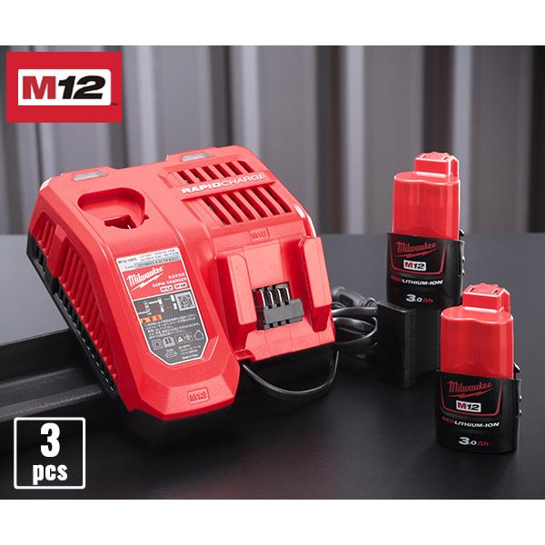 ミルウォーキーのM12シリーズ（12V）とM18シリーズ（18V）全バッテリーを充電できる、M12・M18兼用充電器とM12シリーズ（12V）全モデルに使用できる、3.0Ahのバッテリー2個がセットになった軽作業に最適なスタートキットですこ...