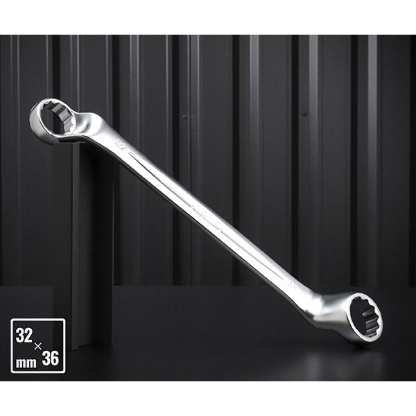 柄部の曲がり角度が75°になっていますので、周辺の障害物を避けて作業ができます。用途：ボルト・ナットの締付け・緩め作業用。【仕様】対辺寸法(mm)：32×36全長(mm)：402質量：950g材質／仕上：構造用鋼メーカー名：TONE（トネ）...