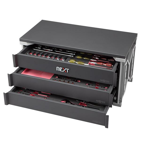 ※納期：約90日ネプロスシステムストレージ「nepros neXT」に新型9.5sq.ラチェットハンドル（NBR390A）を含む工具セット（70点セット）になります！  NTX1WA70Aの後継機種で、9.5sq.ラチェットハンドルがNBR...