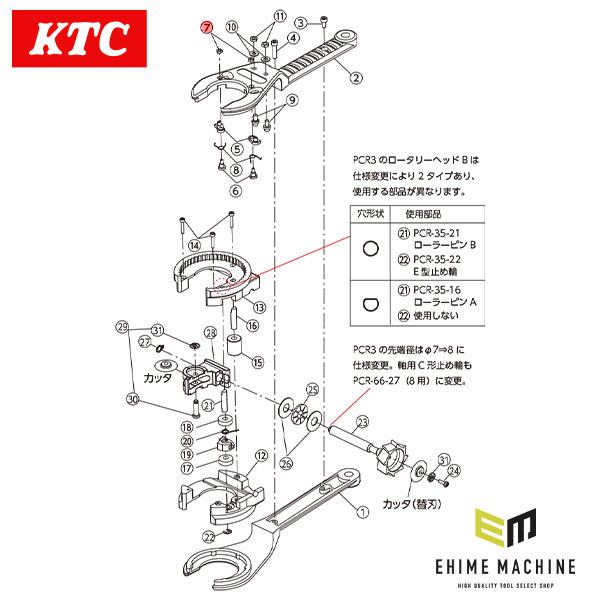 PCR2-35、PCR3-35　ラチェットパイプカッターの補給部品です。■部品品番：PCR2-35-7■部品名称：六角ナット■メーカー：KTC（京都機械工具株式会社）