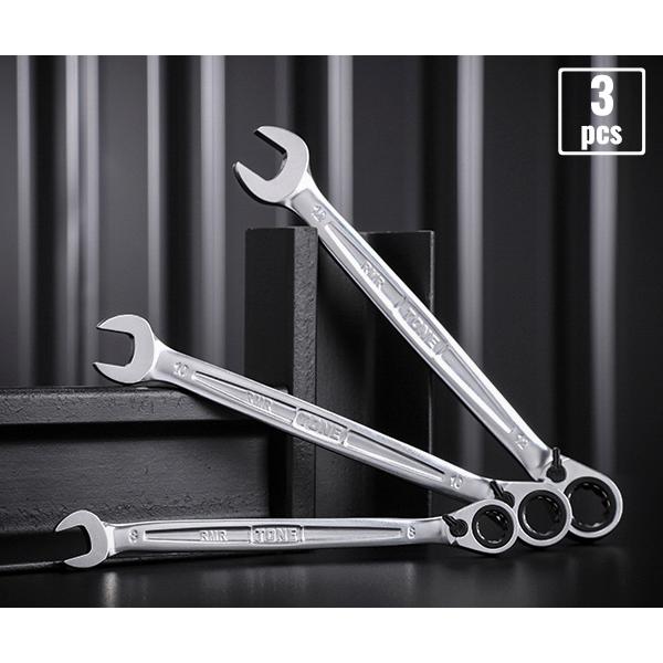 切り替えレバーにより容易に正逆の切り替えが可能です。ラチェットめがね側は13°オフセットです。【仕様】セット内容(mm)：8、10、12セット内容(点)：3タイプ：ビニール袋入質量：150g材質／仕上：構造用鋼メーカー名：TONE（トネ）メ...